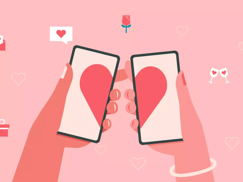 online dating o long distance nga relasyon nga konsepto, mga kamot sa tawo nga nagkupot sa mobile phone nga adunay kasingkasing sa screen app virtual nga gugma, flat vector nga ilustrasyon