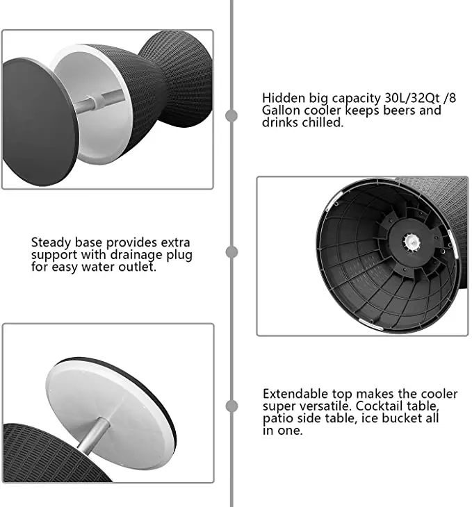 DOIT యొక్క సర్దుబాటు చేయగల సైడ్ టేబుల్ కూలర్ 8-గాలన్ కెపాసిటీని కలిగి ఉంది మరియు సులభమైన నిర్వహణ కోసం డ్రెయిన్ ప్లగ్ని కలిగి ఉంది.