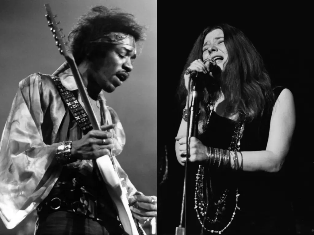 Imej bersebelahan Jimi Hendrix dan Janis Joplin membuat persembahan