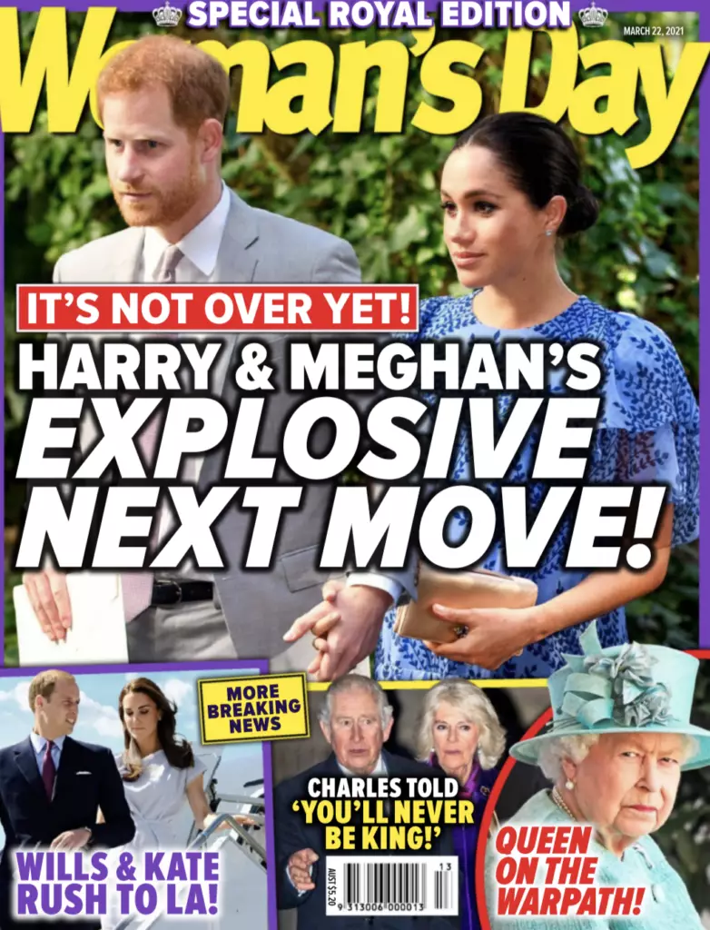 A 2021. március 22-i Woman's Day Magazin címlapja Harry herceg és Meghan Markle fotójával.