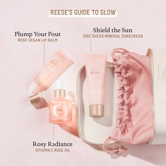 Ang Biossance The Sunshine Set ay may kasamang Vitamin C Rose Oil, Sheer Mineral Sunscreen, at Rose Vegan Lip Balm.