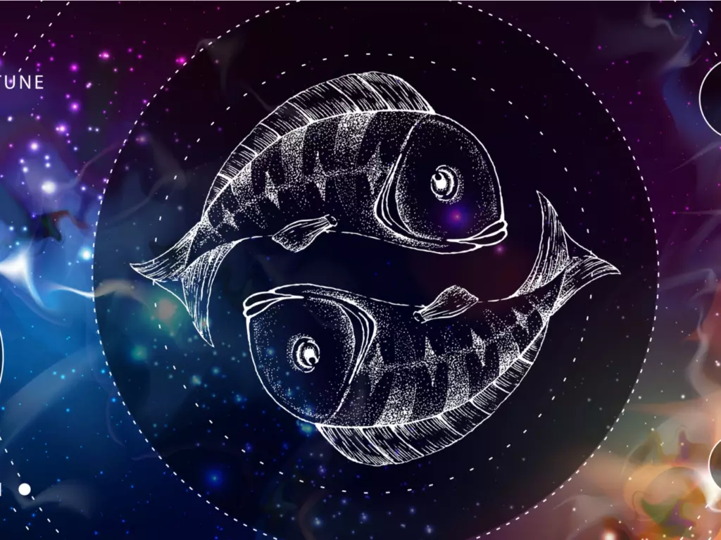 Kaadị anwansi ọgbara ọhụrụ nwere akara kpakpando Pisces zodiac. Ezi aka ịbịaru ihe atụ azụ azụ. Njirimara zodiac