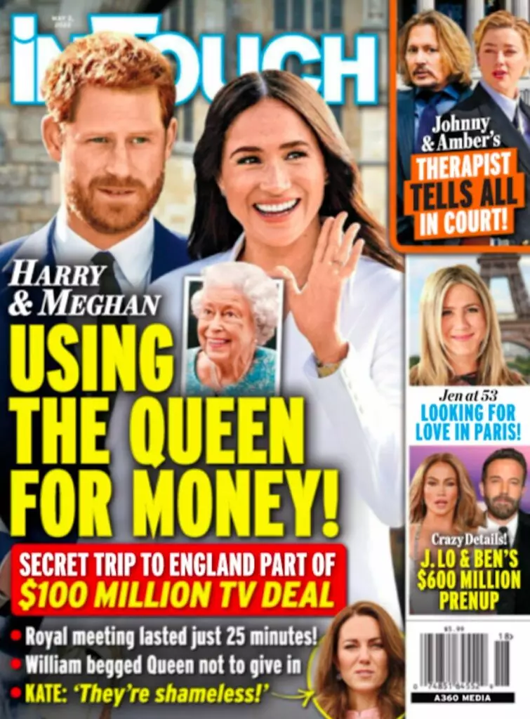 pikantsarin'ny fonon'ny In Touch mampiseho an'i Harry sy Meghan Markle miaraka amin'ny famakiana lahatsoratra Mampiasa ny Mpanjakavavy ho an'ny vola