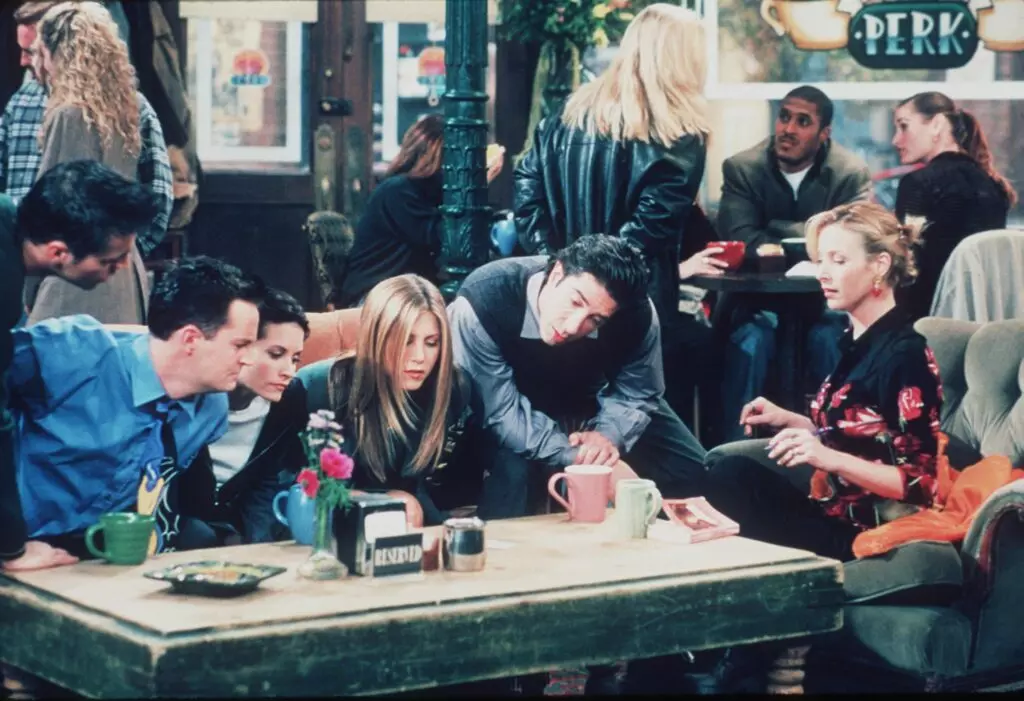 1999 m. Matt Le Blanc, Matthew Perry, Courteney Cox, Jennifer Aniston, David Schwimmer ir Lisa Kudrow žvaigždės naujausiame sezone