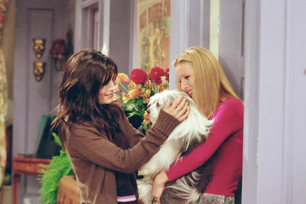 Actor (l-r): Courteney Cox Arquette e le Monica Geller le Lisa Kudrow e le naleli ea Phoebe Buffay letotong la metlae la NBC